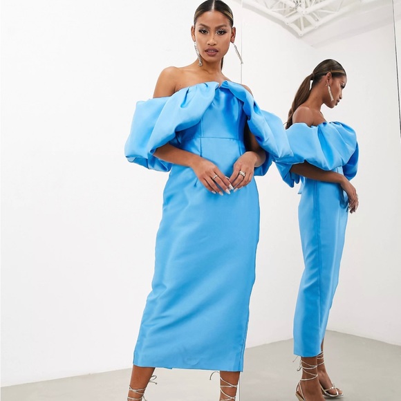 ASOS | Dresses | Asos Edition Volume Sleeve Satin Midi Dress In Azure ...